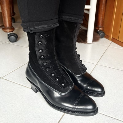 Black Leather & Black Suede Victorian Ladies BUTTON Boots - Etsy