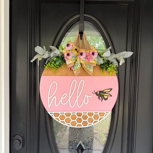 Hello Door Hanger | Bee Front Door Decor | Front Door Sign | Newlyweds ...