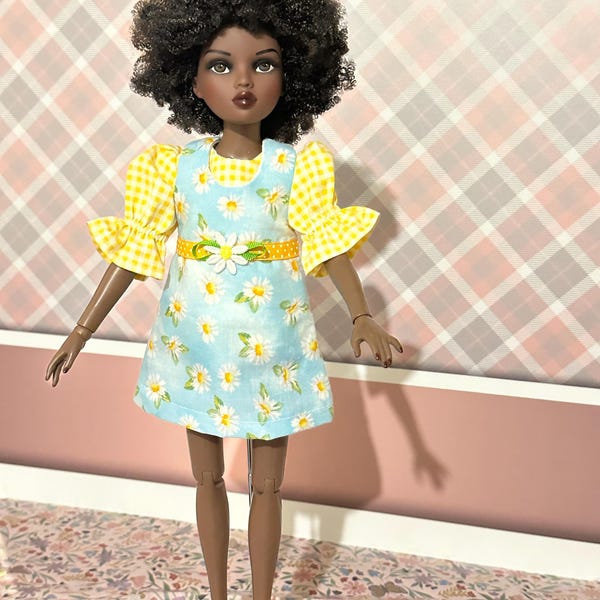 Blue Gingham Doll Gown and Hat: Daisy Appliqué, Fits 14" Wellies, Toni ...