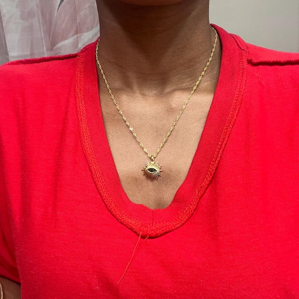 Gold Plated Dainty Evil Eye Sun Pave Necklace, Protector Necklace, Tiny ...