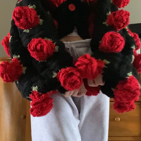 Crochet Jumbo Rose Cardigan, Black Granny Square Cardigan, Crochet Rose ...