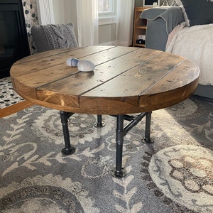 Reclaimed Distressed Round Coffee Table. Heavy Duty Iron Pipe Legs ...
