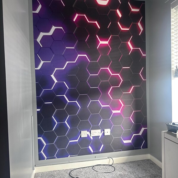Wallpaper Hexagonal Pattern With Neon Light in Turquoise Gaming Neon ...
