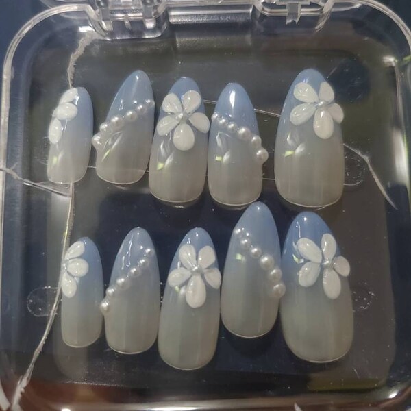 Elegant Ombré Light Blue Flower Press on Nails | Hand-painted Nails ...