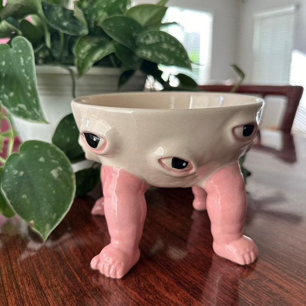 White Cereal Bowl With Pink Baby Legs and Embossed Human Eyes, Freaky ...