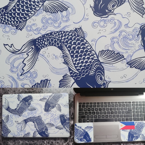 Blue Koi Fish Illustration Pattern Art UNIVERSAL Laptop Skin, MacBook ...