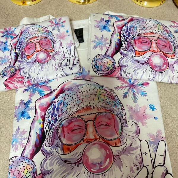 Groovy Pink Disco Santa Blowing Bubble- Santa DTF Transfer Print- Ready ...