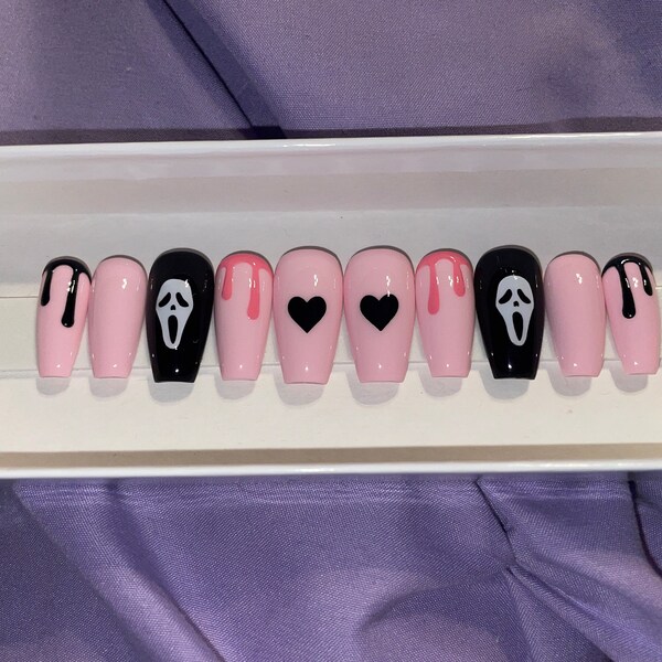 Pink Scream Nails Glam Press on Nails Drip Black Fake False Nails Y2K ...
