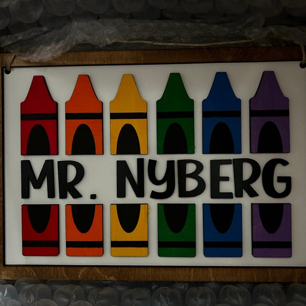 Personalized Teacher Rainbow Crayon Wood Door Sign | Custom Teacher ...
