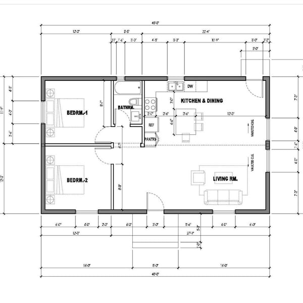 33'x38' House Plans 2bed 1bath House: 1,254SF Farmhouse Cabin Plan ...