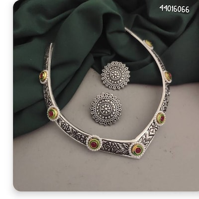 Indian Ethnic Choker Hasli Jewelry Set, Silver Oxidized Dual Tone ...