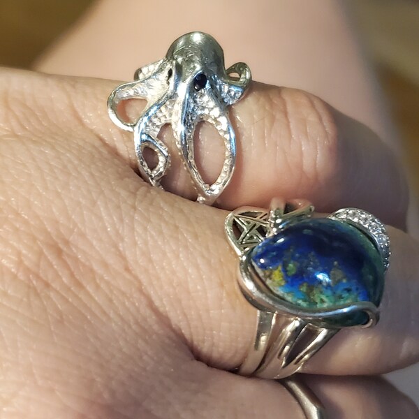 Sterling Silver "octopus" Ring W/blue Diamond "eyes" - Etsy
