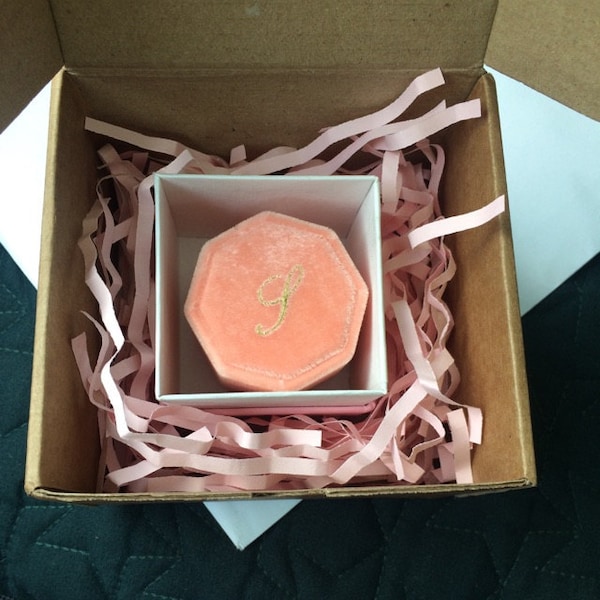 Peach Velvet Ring Box With Monogram, Double Wedding Ring Box - Etsy