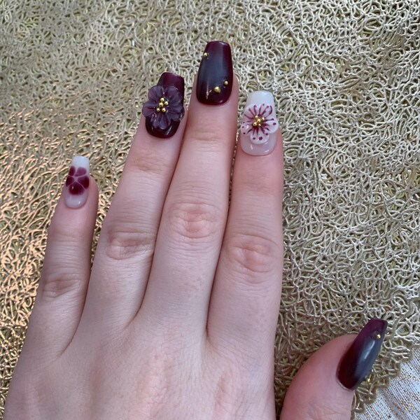 3d Flower Hand Painted Nails/ Custom Press on Nails/ Hand Made Press on ...