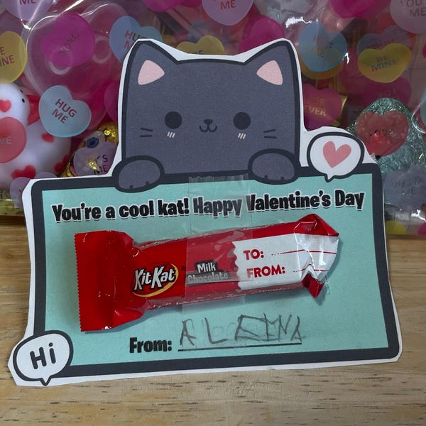 Printable Cat Valentine Favor Tag – Kitkat Candy Treat, Classroom ...