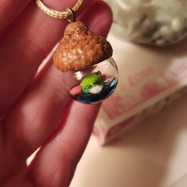 Acorn Necklace With Mushroom Frog, Resin Jewelry, Acorn Pendant, Wood ...