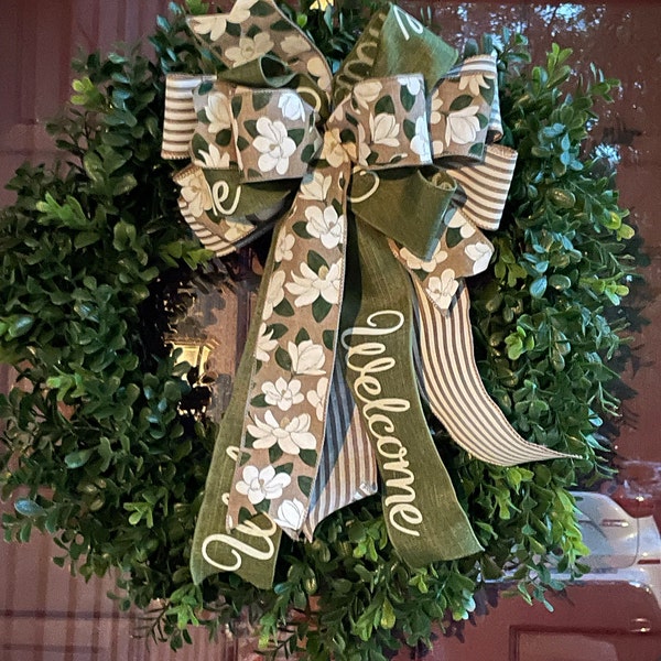 Welcome Bow, Magnolia Flowers, Farmhouse Style Bow, Wreath Bow, Lantern ...