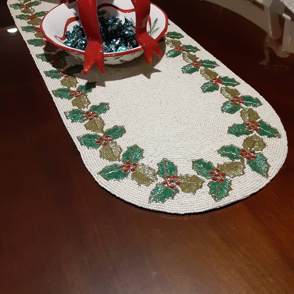 Christmas Holly Leaves Handmade Beaded Table Runner. Matching Placemats ...