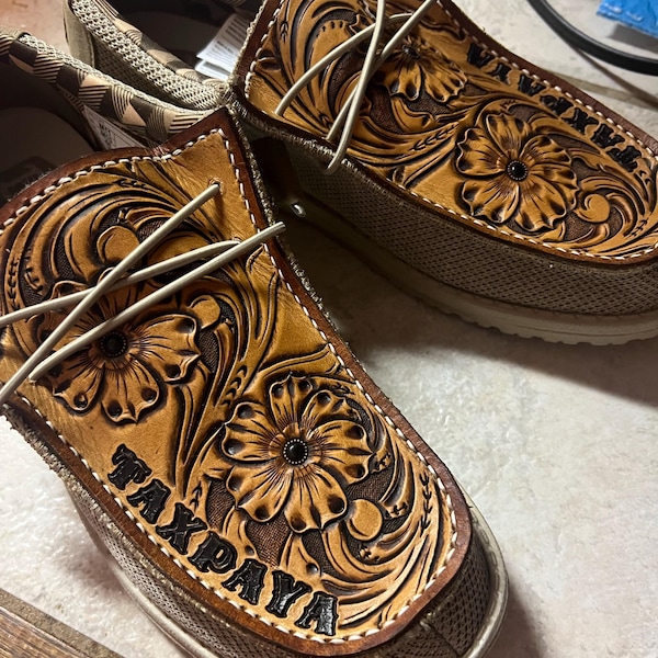 Hand Tooled Design on Authentic Hey Dudes | Floral With Initials or ...