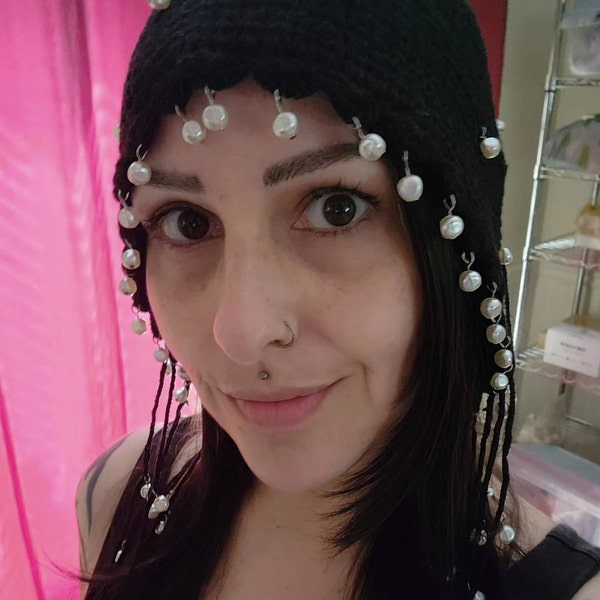 Pearls Embellished Hand Knitted Beige Hat With Fringe -hat With Tassel ...