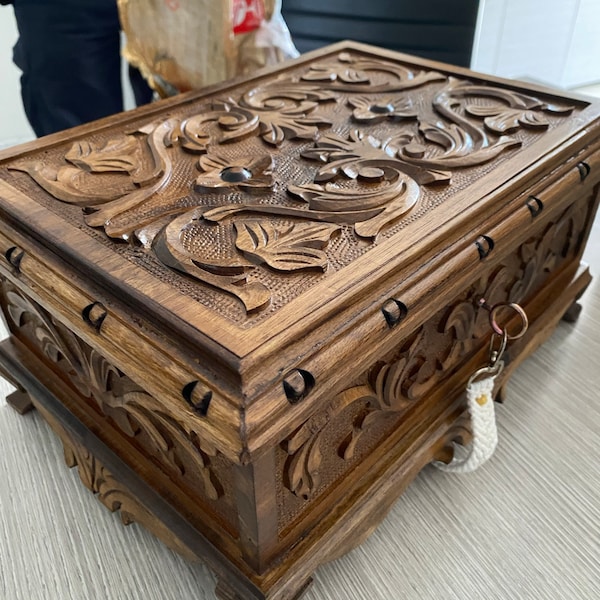 Secret Lock Wooden Box, Carved Wooden Chest, Wooden Locking Box, Wooden ...