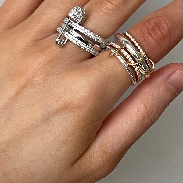14K Gold and White Gold Multi Link Connected Ring, Stacking Rings With ...