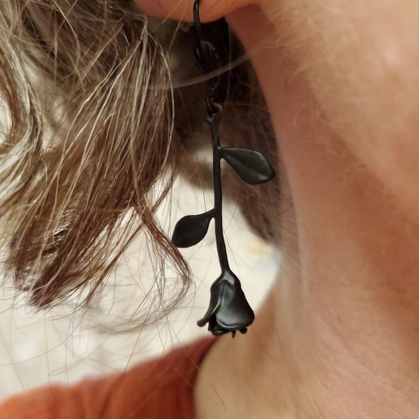 Black Rose Earrings * Black Long Stem Rose Earrings - Etsy