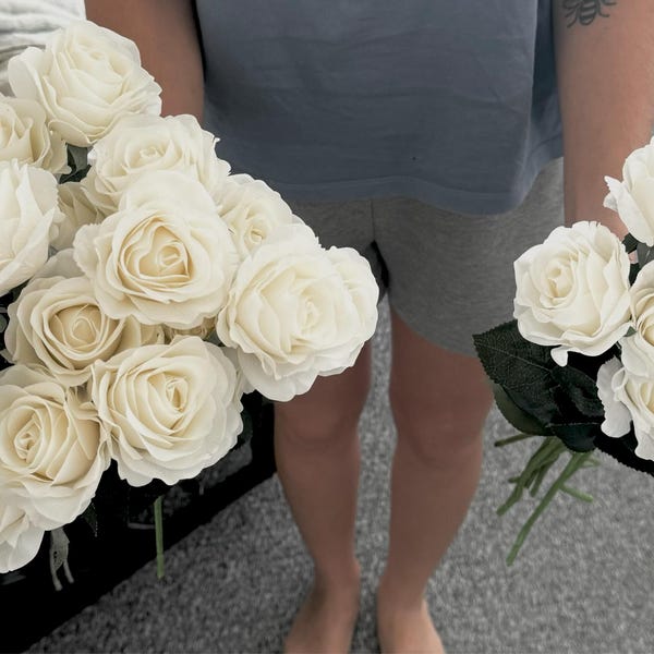 17" Morandi White Real Touch Roses, Aritificial Flowers, DIY Florals ...