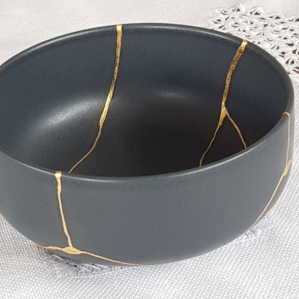 Kintsugi Bowl, Japanese Technique, Contemporary Wabi Sabi Blue Ceramic, Representation of ...