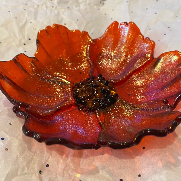Fused Glass Art Poppy Flower Bowl: Handmade Iridescent Decor - Etsy