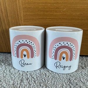 Personalised Rainbow Money Box, Boho or Blue Ceramic Piggy Bank for ...