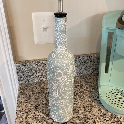 Hand Painted Wine Bottle Olive Oil Pourer, Turquoise and White, Vibrant ...