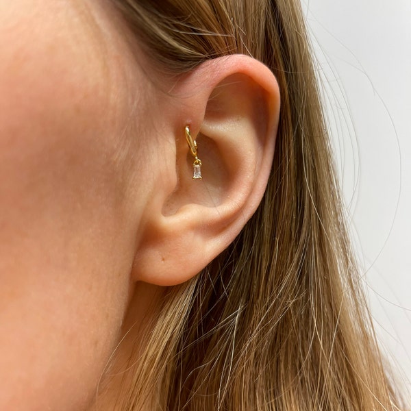 18G Tiny Diamond Baguette Rook Hoop Earring • Tiny Gold Cartilage Hoop ...