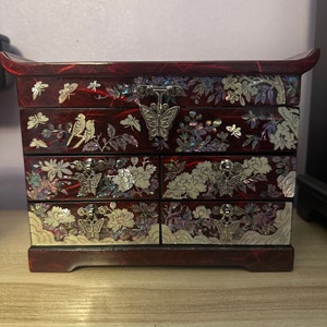 Mother of Pearl Asian Inlay Flower Jewelry Box Purple Vintage Keepsake ...