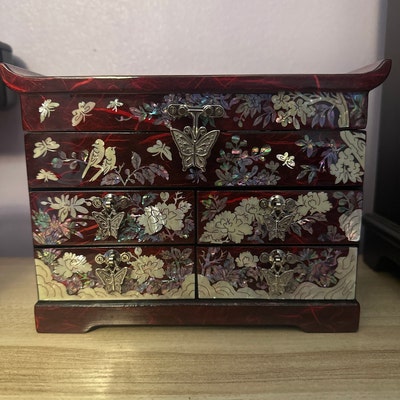 Mother of Pearl Asian Inlay Flower Jewelry Box Purple Vintage Keepsake ...