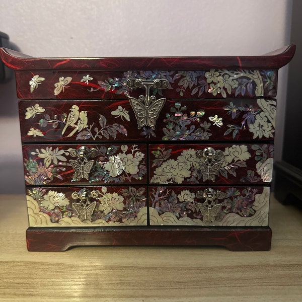 Mother of Pearl Jewelry Keepsake Box Asian Inlay Lacquer Wood Jewelry ...