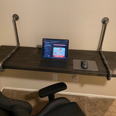 Iron Pipe & Solid Pine Wood Desk Farmhouse Suspended Wall Mounted ...