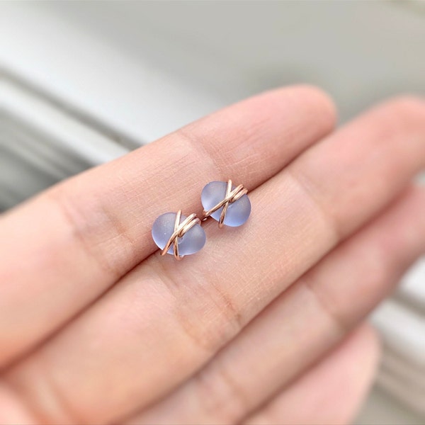Blue Sea Glass Stud Earrings,handmade,sea Glass Earrings,beach Jewelry ...