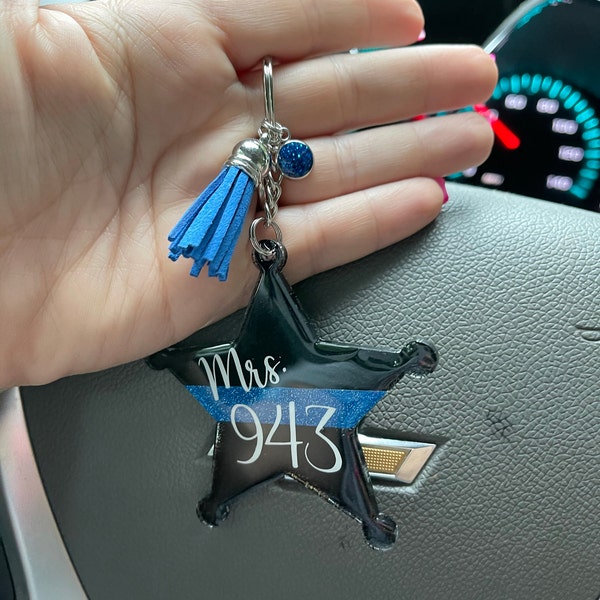Personalized Thin Blue Line Sheriff Badge Glitter Keychain, Sheriff ...