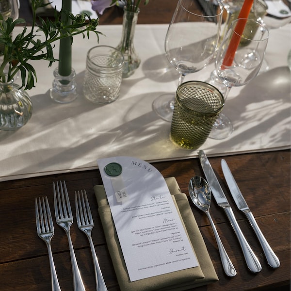 Arch Wedding Menu, Green Wax Seal, Vellum Place Cards, Half Arched ...