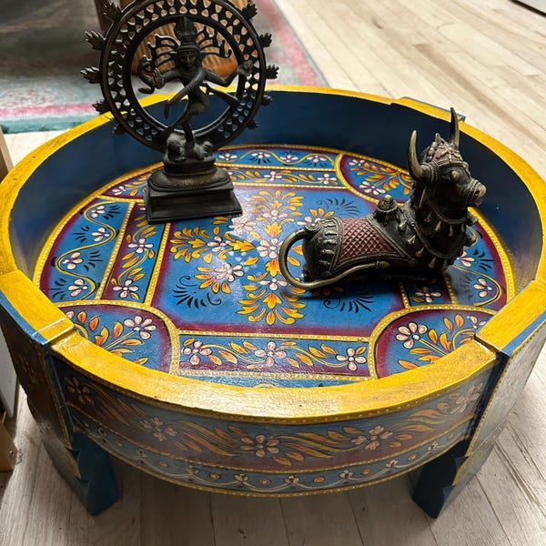 Wooden Chakki Table Grinder Table Flower Leaf Design Coffee Table Hand ...