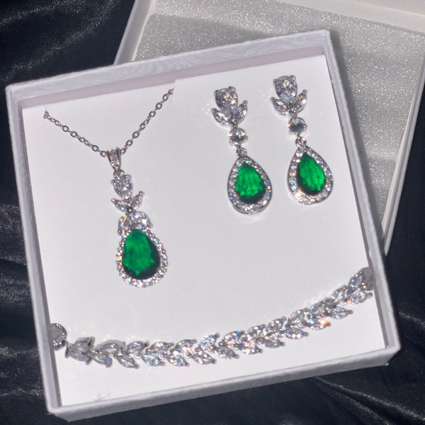 Emerald Green Bridal Necklace Earrings Set Emerald Wedding Jewelry ...