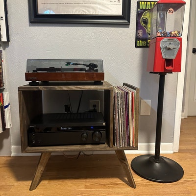 Mid Century Modern Vinyl Record Storage Turntable Stand Solid Wood ...