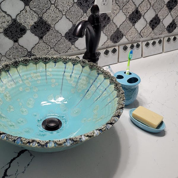 Custom Oval Crested Wave Ocean Vessel Sink Handmade Ceramic Pottery ...