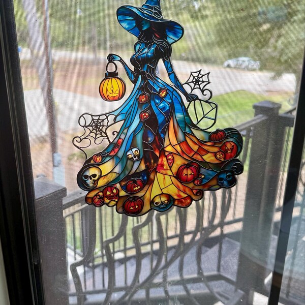 Halloween Witch Acrylic Window Hanging Faux Stained Glass Suncatcher ...