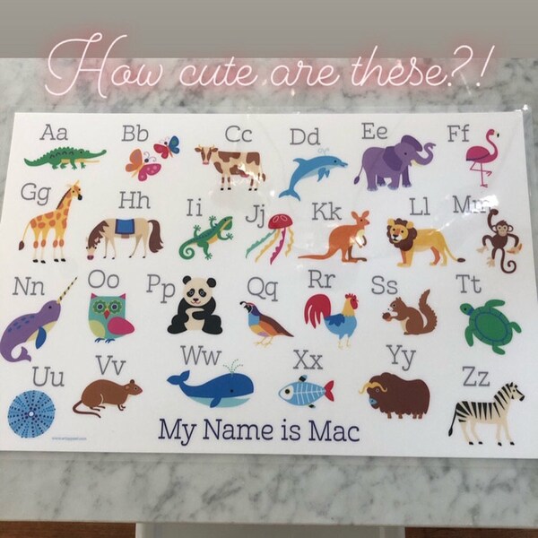 Personalized Animal Alphabet Laminated Placemat, Kids ABC Table Mat - Etsy