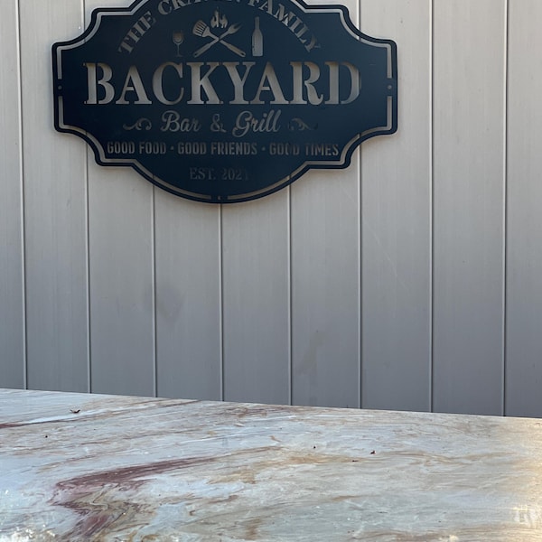 Personalized Backyard Bar & Grill Sign - Custom Metal Outdoor Kitchen ...