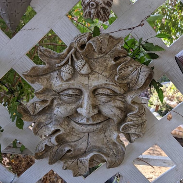 Green Man Sculpture Smiling Leaf Face With Acorns - Etsy