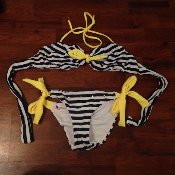 SWIMSUIT - Navy Stripe Yellow Bandeau Sailor Swarovski Bikini- Cynababy ...