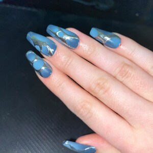 Custom Long Stiletto Metallic Silver Press on Nails Free-style Goth ...